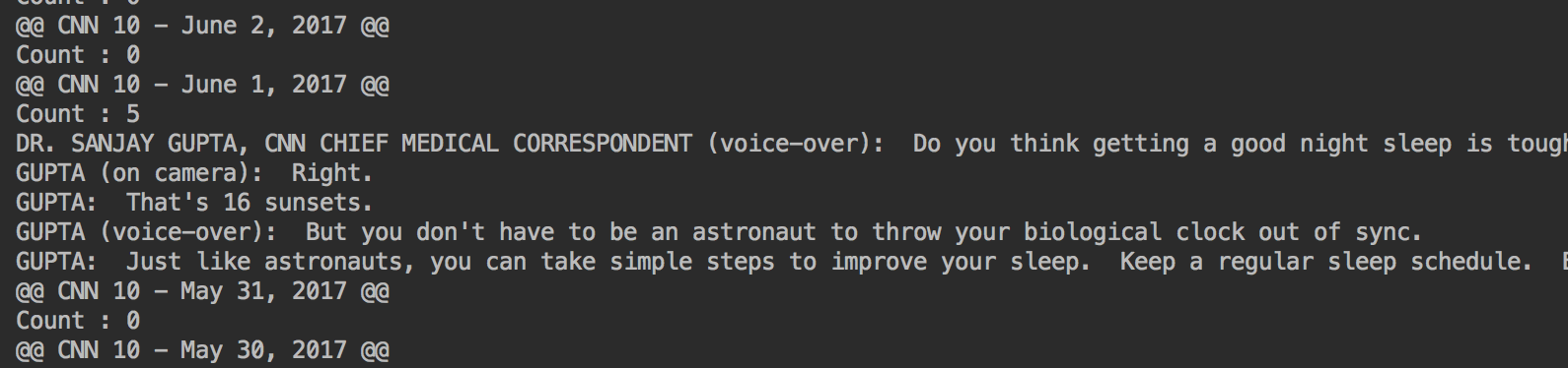 [Python] CNN10 에서 특정 내용이 포함된 Script 찾기 (Crawling, 크롤링 예제) - junn.net